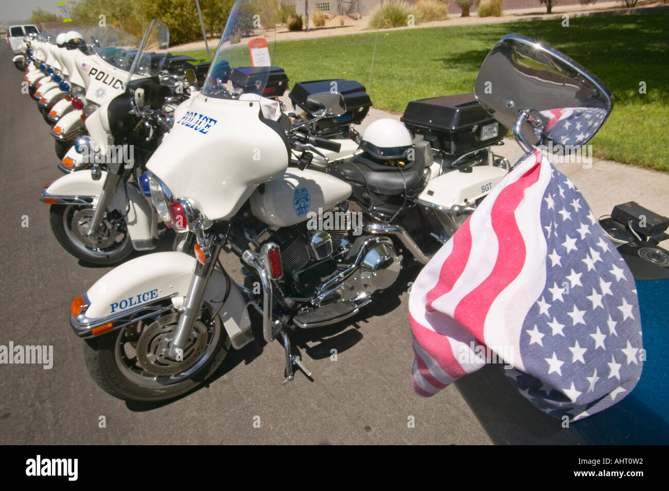 Unmanned police motorcycles parked in front of Valley View Rec Center ...