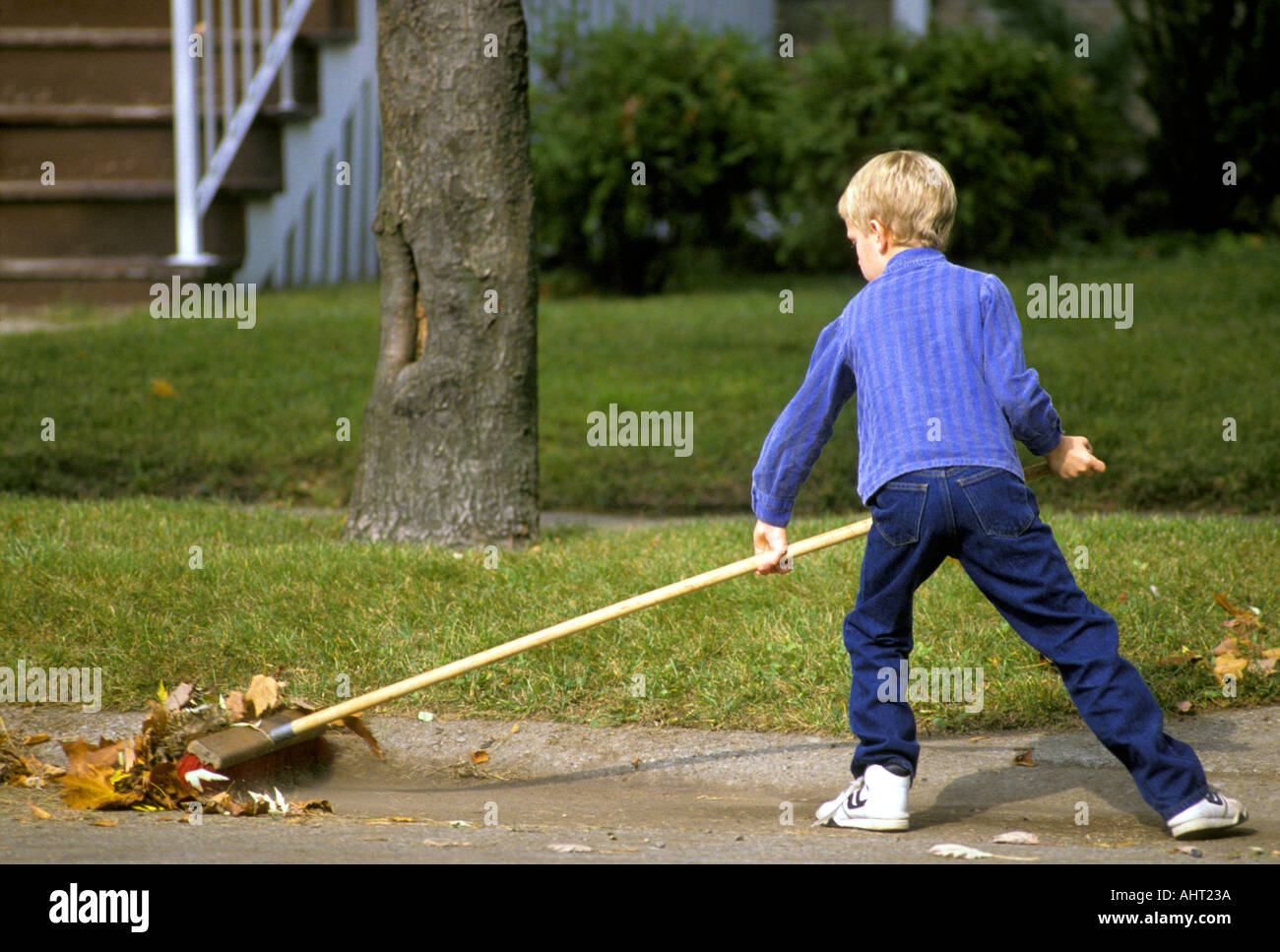 7 year old boy helps with clean up by sweeping driveway free of leaves ...