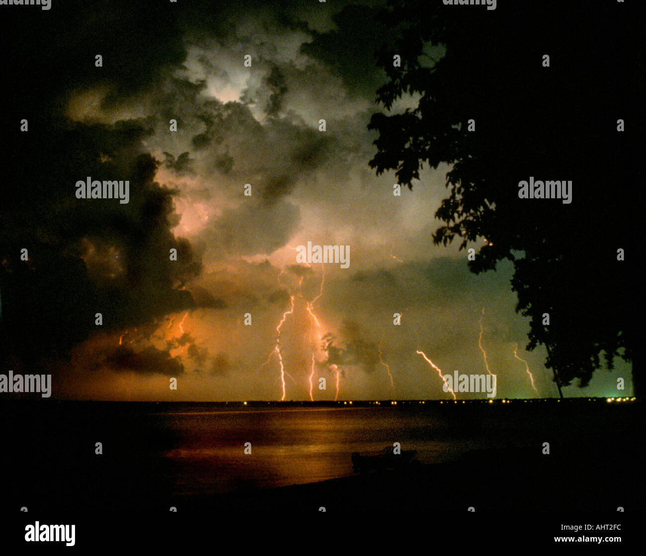 Lightening from a rain storm over Lake Huron in Michigan Stock Photo ...