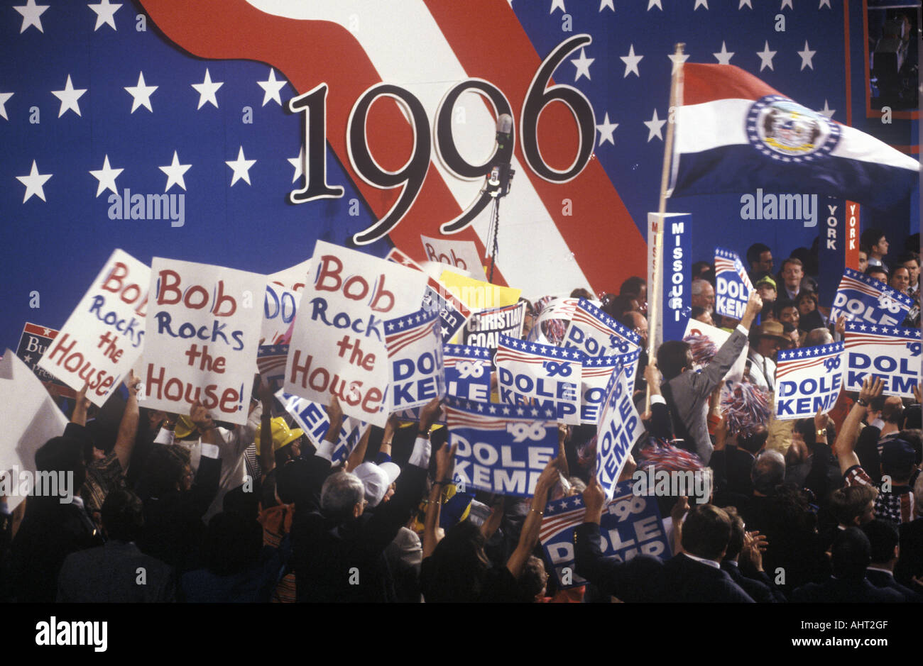 Enthusiastic delegates wave their signs supporting Bob Dole and Jack ...