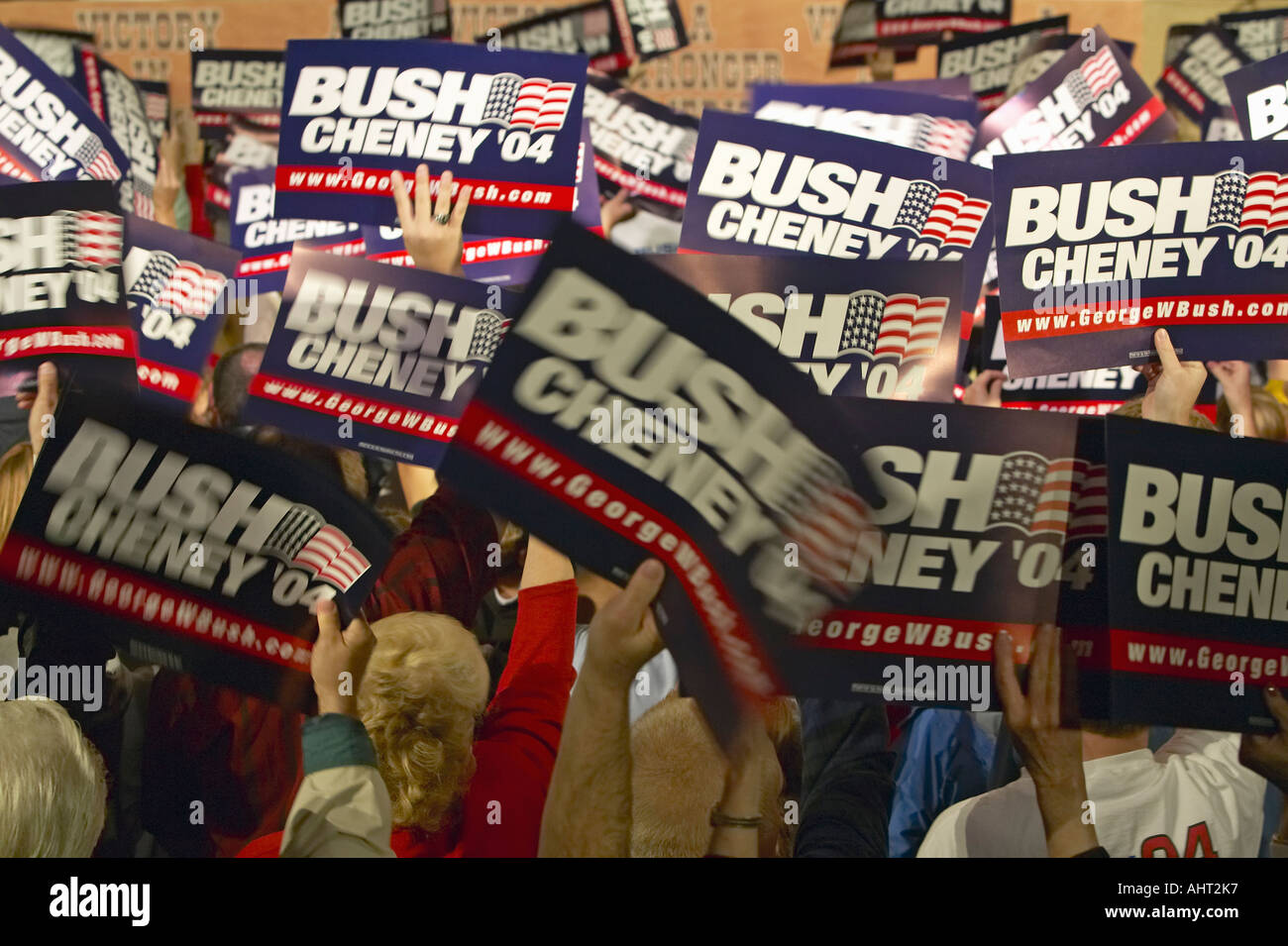 Bush Cheney signs held by supporters at campaign rally attended by Vice ...