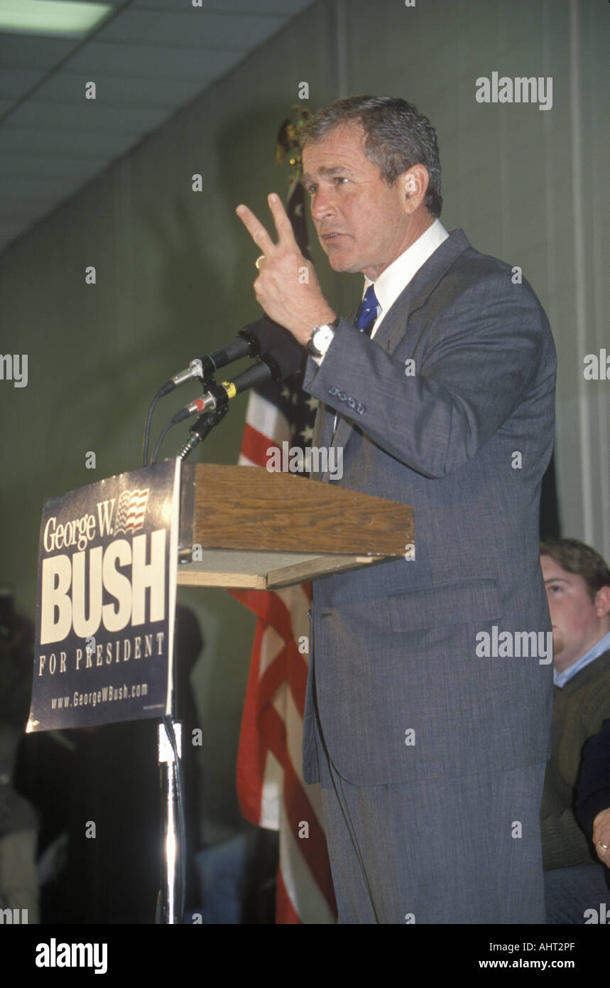 George W Bush speaking from podium at campaign rally Londonderry NH ...