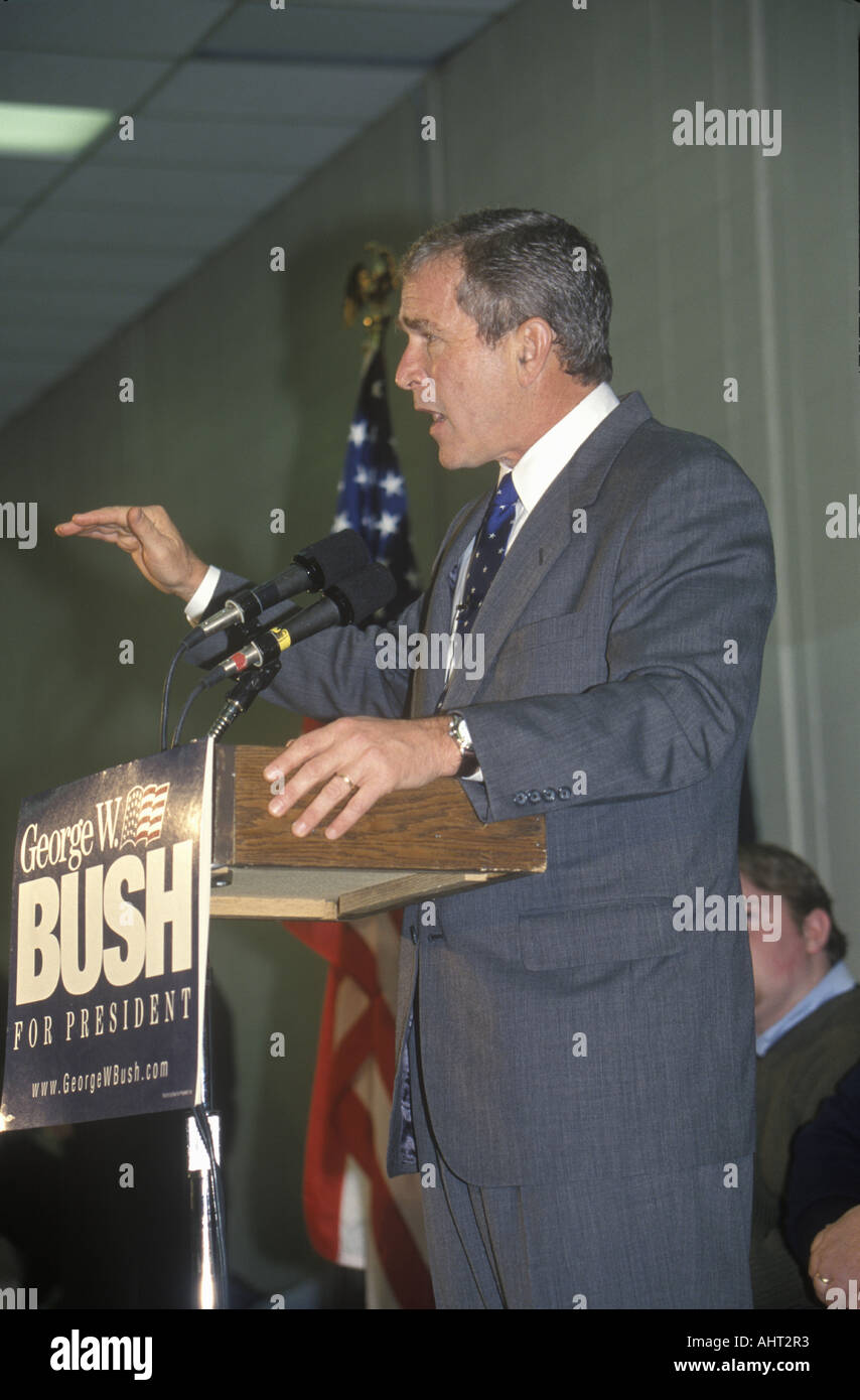 George W Bush speaking from podium at campaign rally Londonderry NH ...