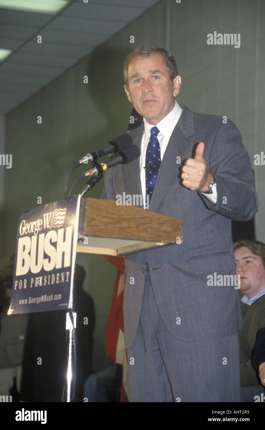 George W Bush speaking from podium at campaign rally Londonderry NH ...