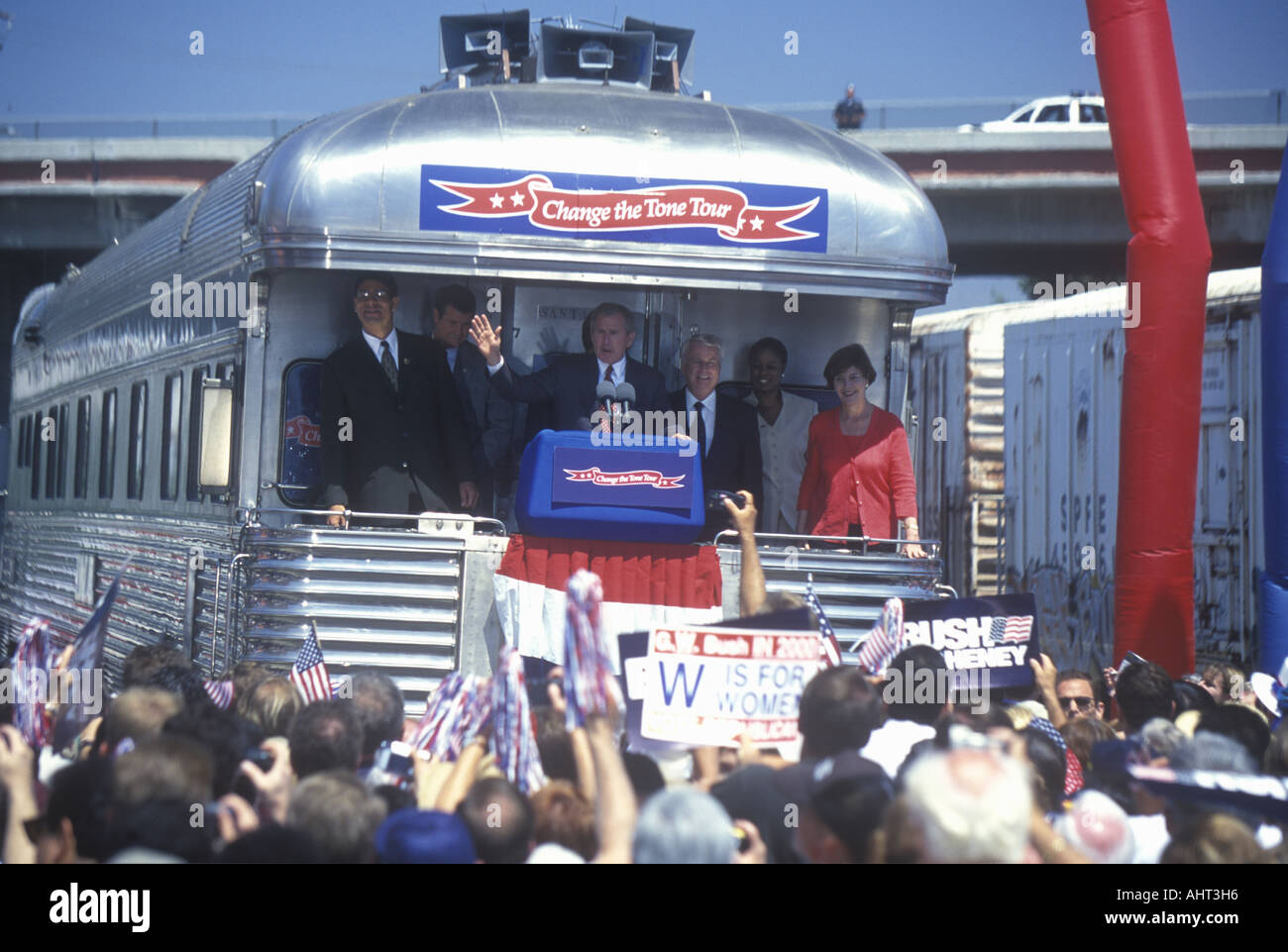 George W Bush Mrs Bush and politicians viewed by spectators at Oxnard ...