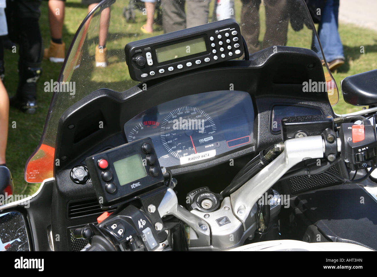 Handle bars and computer equipment on police motor cycle Stock Photo ...