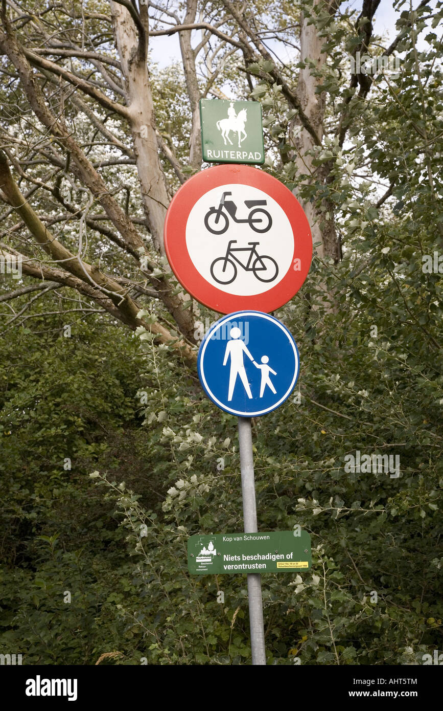 Traffic signs along a path in the dunes of Burgh-Haamstede, Zealand ...
