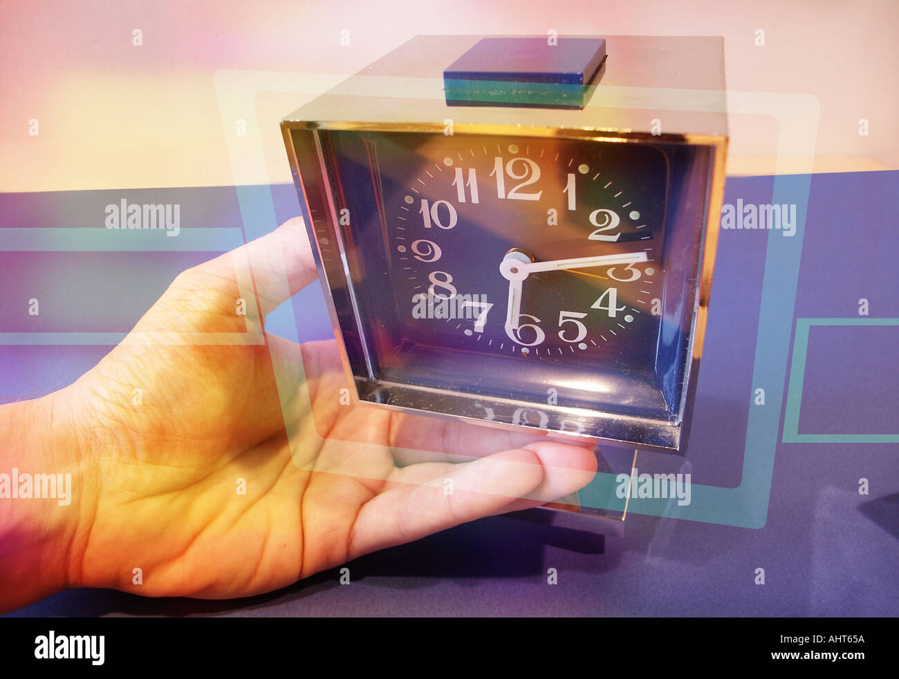 hand holding retro square clock Stock Photo - Alamy