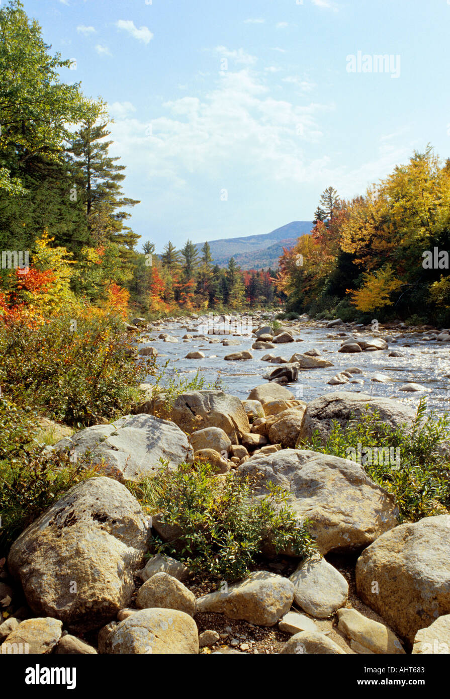 River and fall color in The White Mountains New Hampshire New England ...