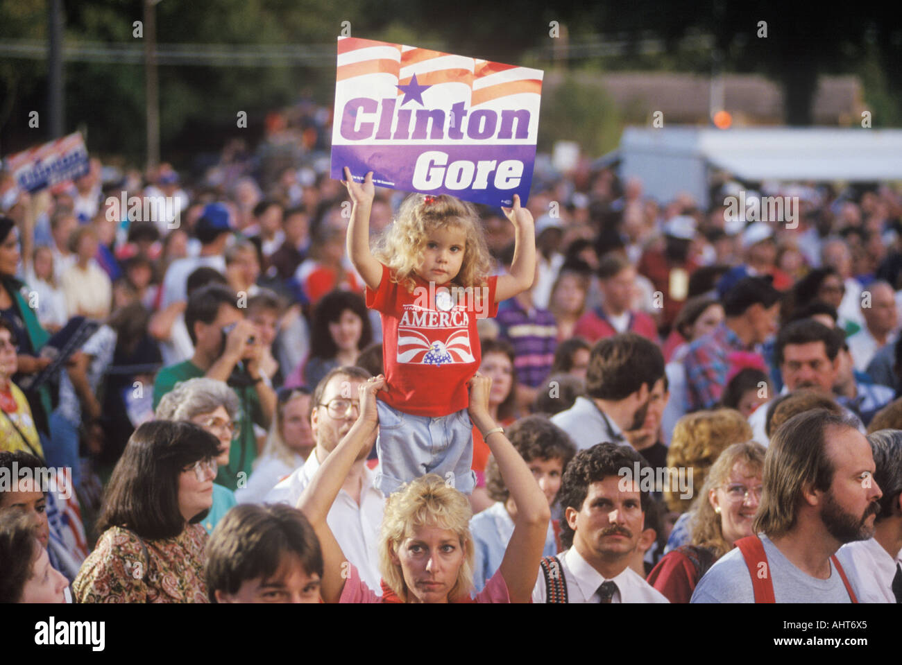 Little girl with Clinton Gore sign stands out in the crowd during the ...