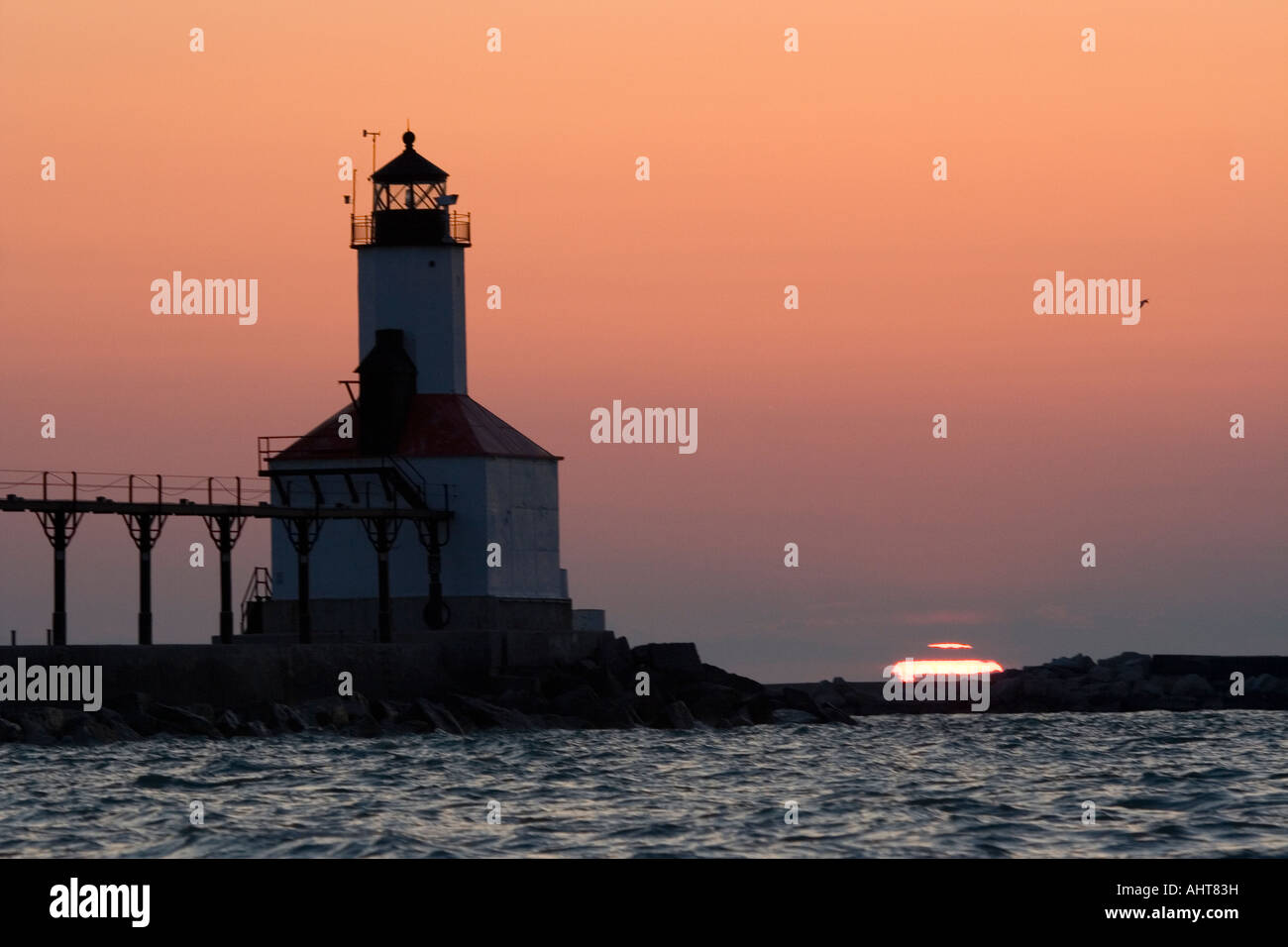 Lighthouse at Washington Park in Michigan City, Indiana at sunset Stock ...