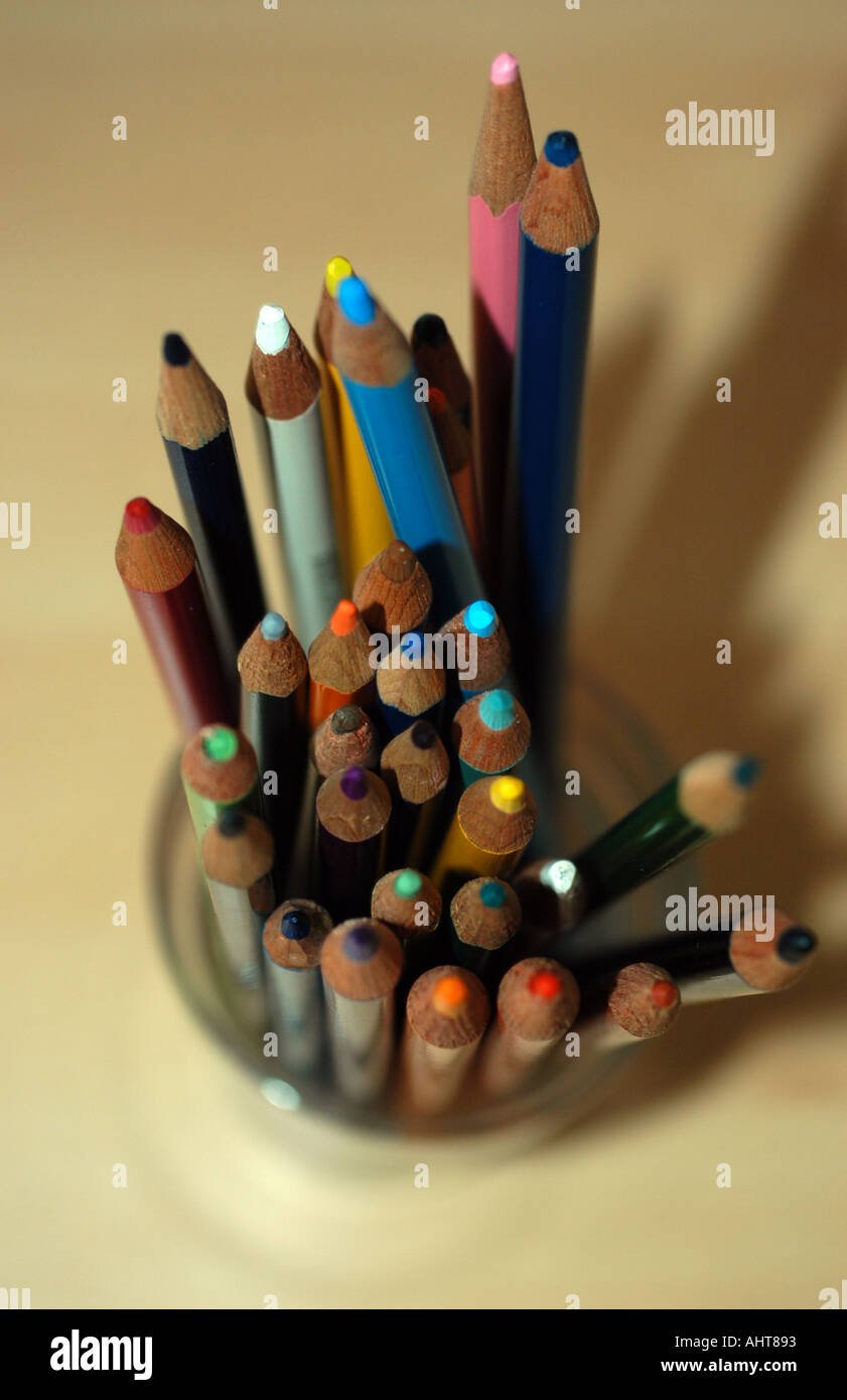 Colored pencils in a tub Stock Photo - Alamy