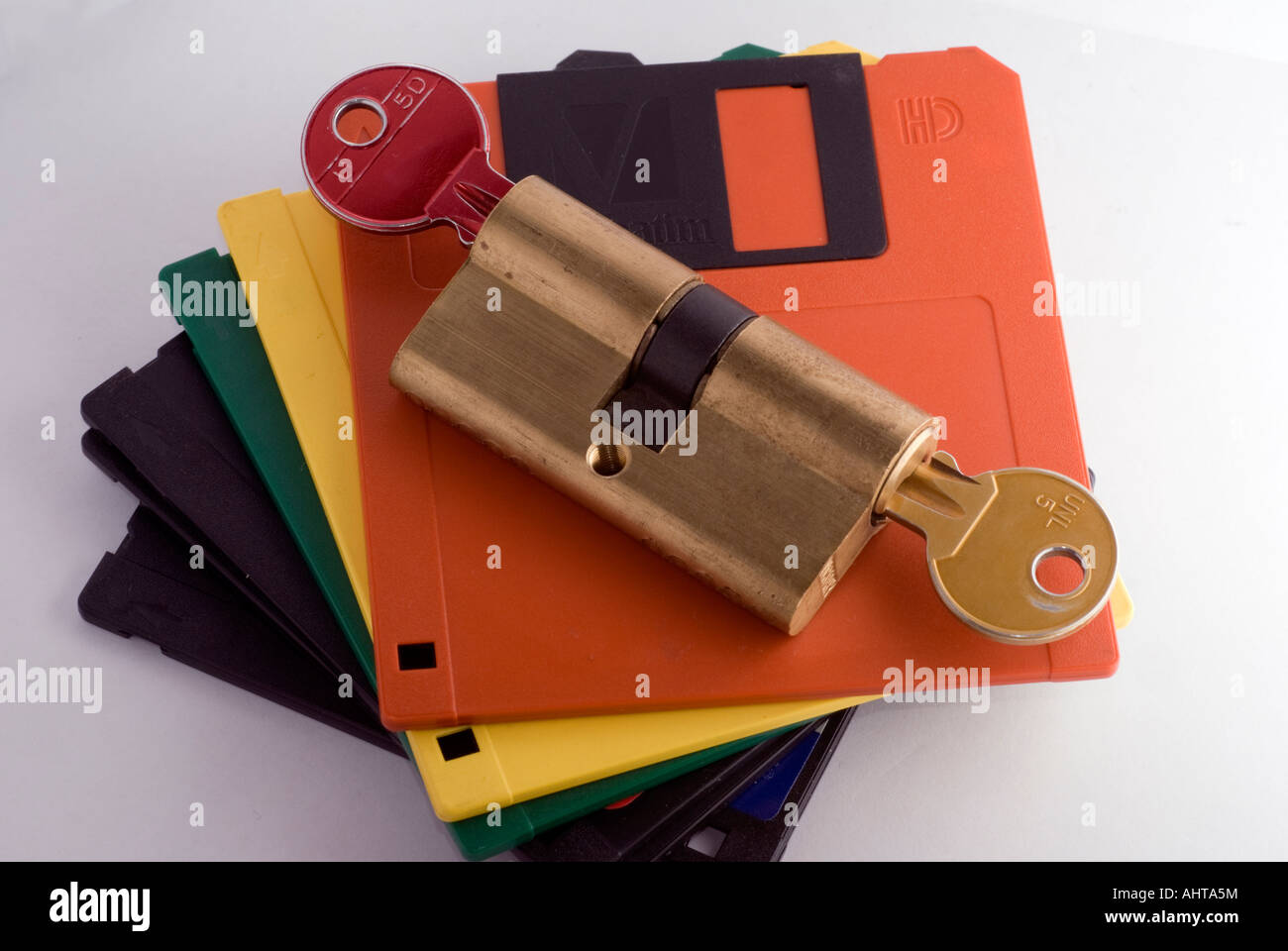 a lock with keys on a pile of floppy disks Stock Photo - Alamy