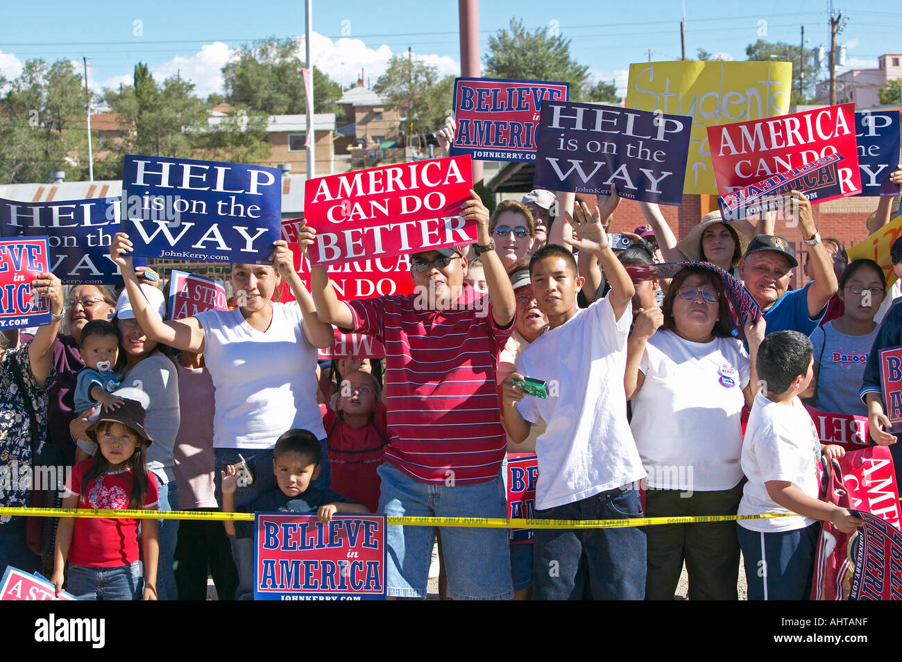 Crowd of native American Kerry Campaign supporters outside with signs ...