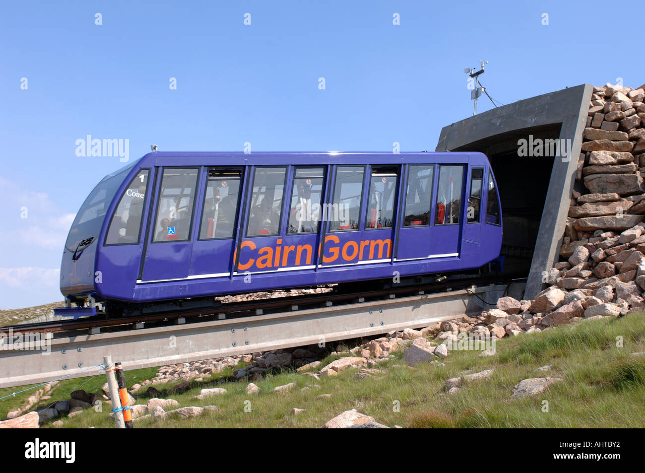 Cairngorm Mountain Funicular Railway emerging from the tunnel Aviemore Inverness-shire Scottish ...