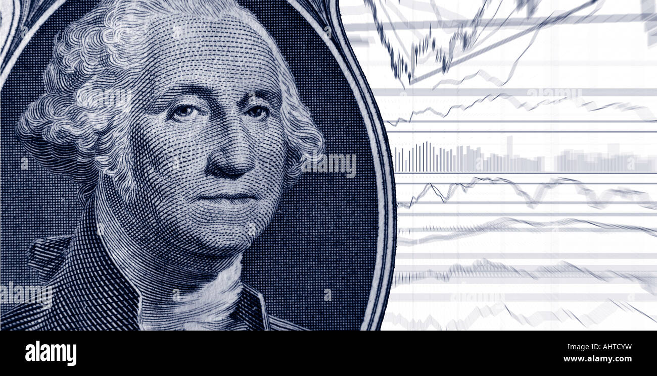 George Washington from a dollar bill and a graph showing market trends ...