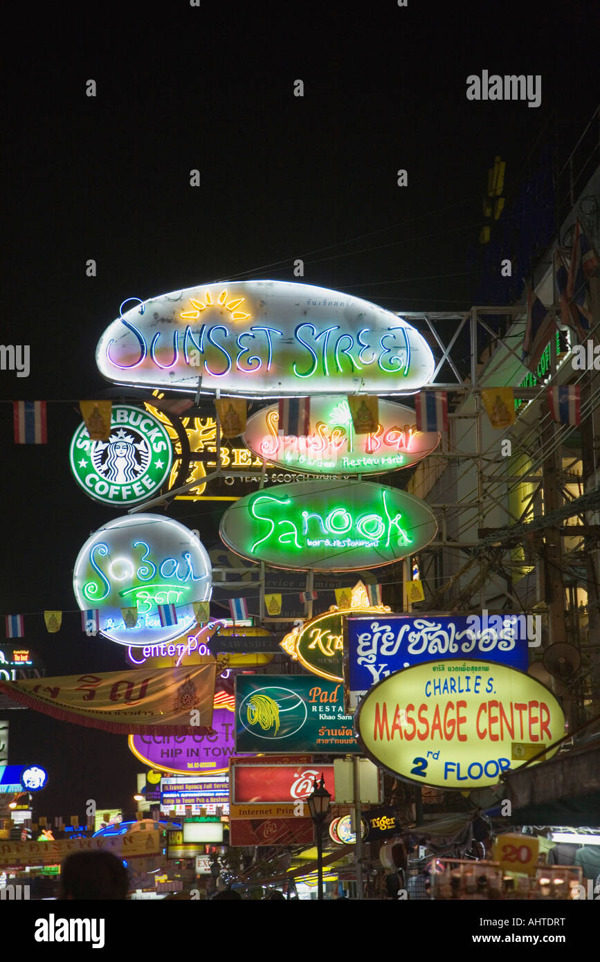 Neon signs glowing along Khao San Road, Bangkok, Thailand Stock Photo ...