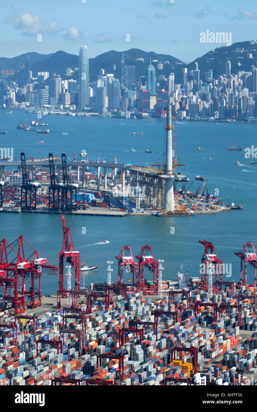Aerial view of container terminal at Kwai Chung Hong Kong backdropped ...