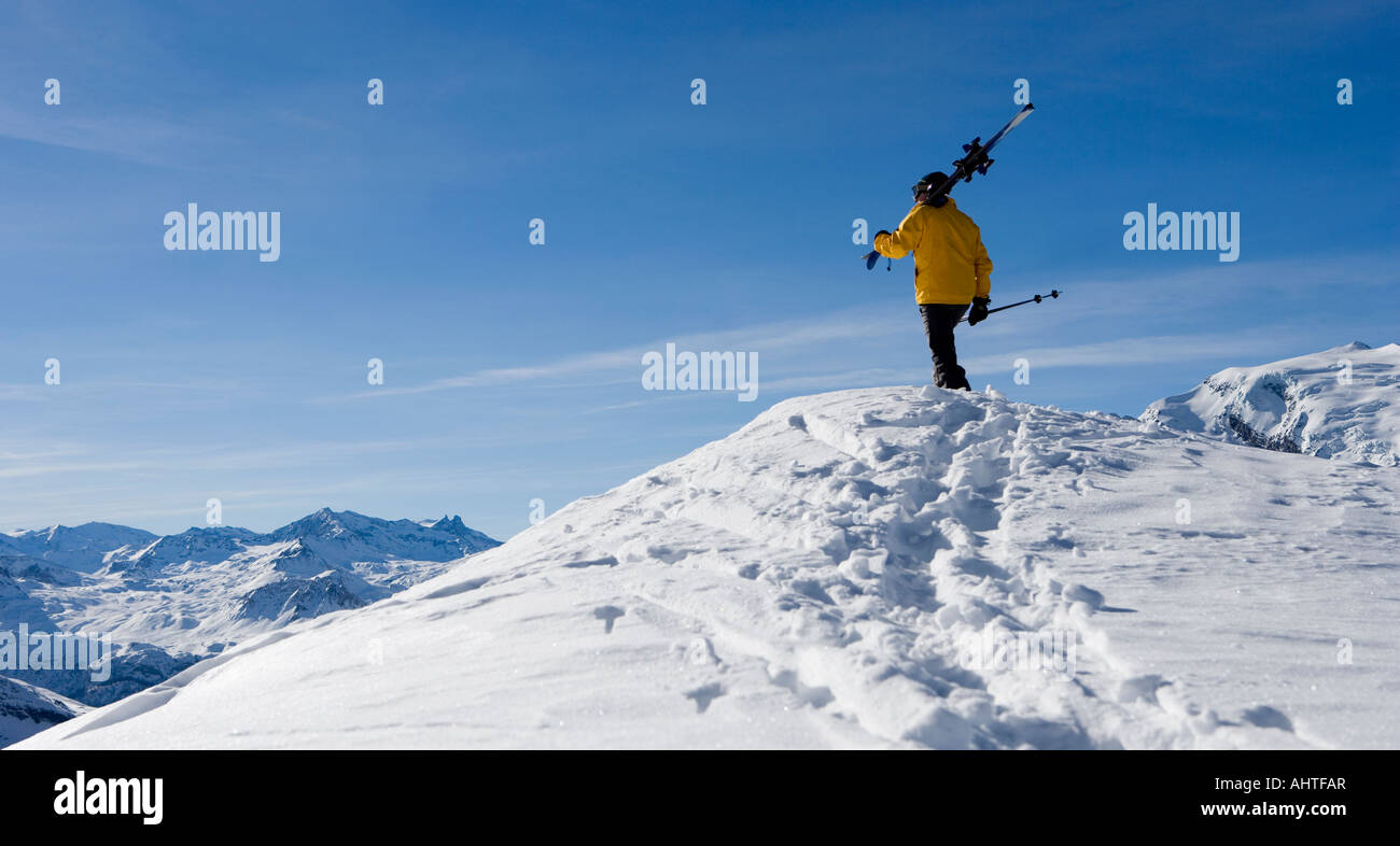 Male skier standing on top of mountain ridge carrying skis, rear view ...