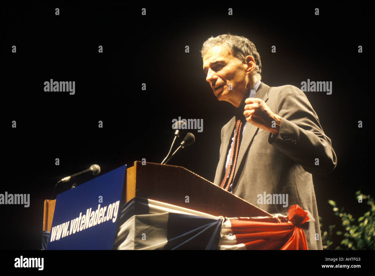 Ralph Nader speaking from podium at 1992 campaign rally at Long Beach ...
