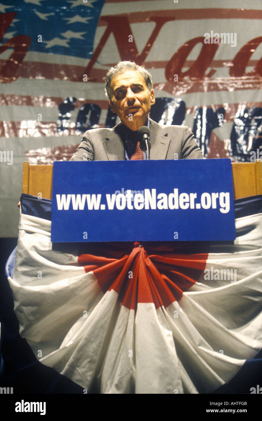 Ralph Nader speaking from podium at 1992 campaign rally at Long Beach ...