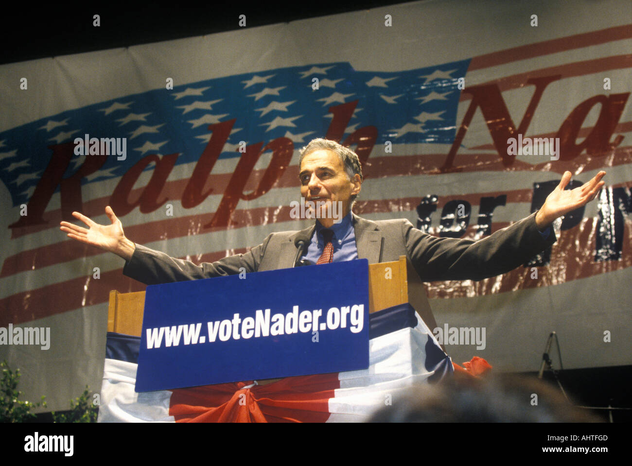 Ralph Nader speaking from podium at 1992 campaign rally at Long Beach ...