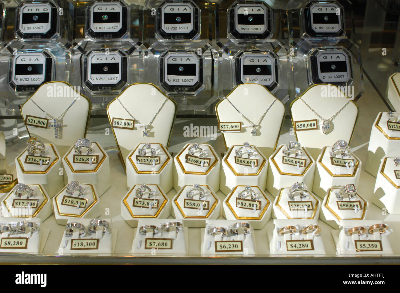 Expensive jewelry on display at a luxury jeweler in Macau China Stock ...