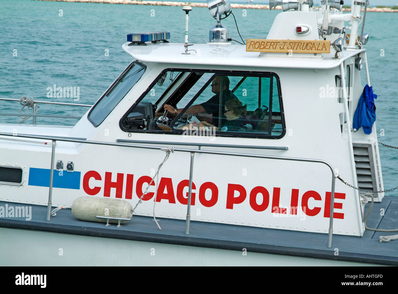 Downtown city of Chicago Illinois IL Police Patrol Chicago Harbor Stock ...