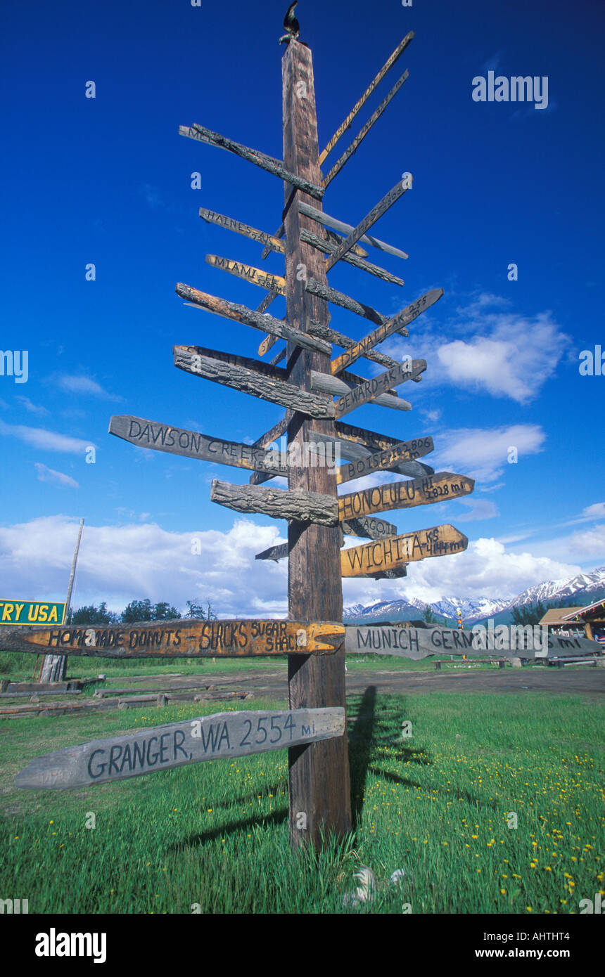 Miscellaneous distance signs in Alaska Route 1 Stock Photo - Alamy