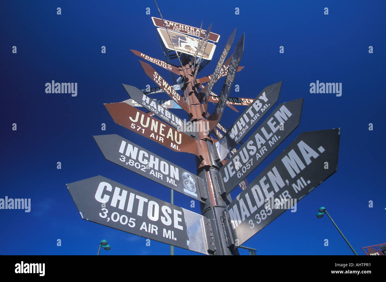 Miscellaneous distance signs in Anchorage Alaska Stock Photo - Alamy