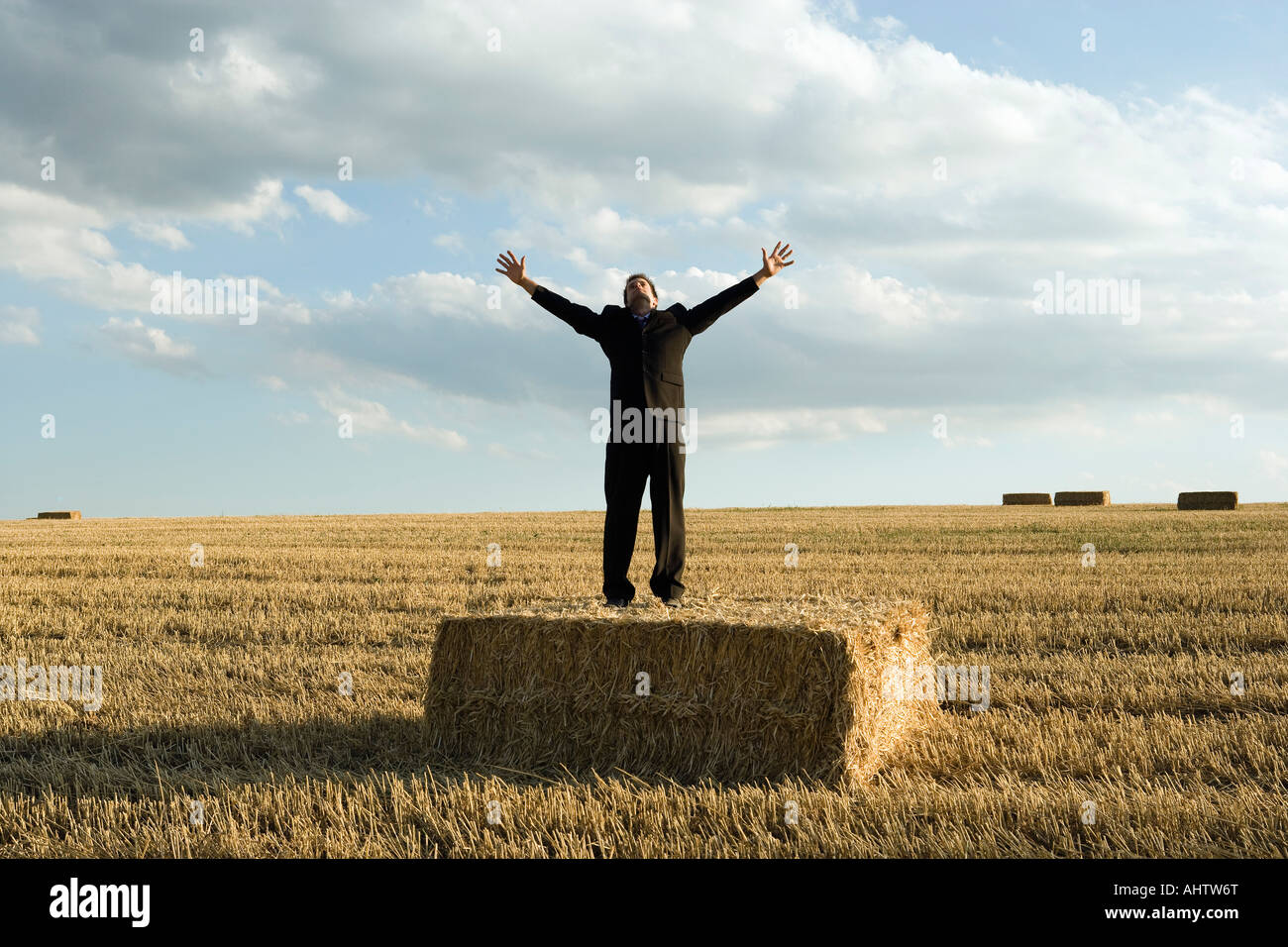 Man standing on hay in wheat field Stock Photo - Alamy