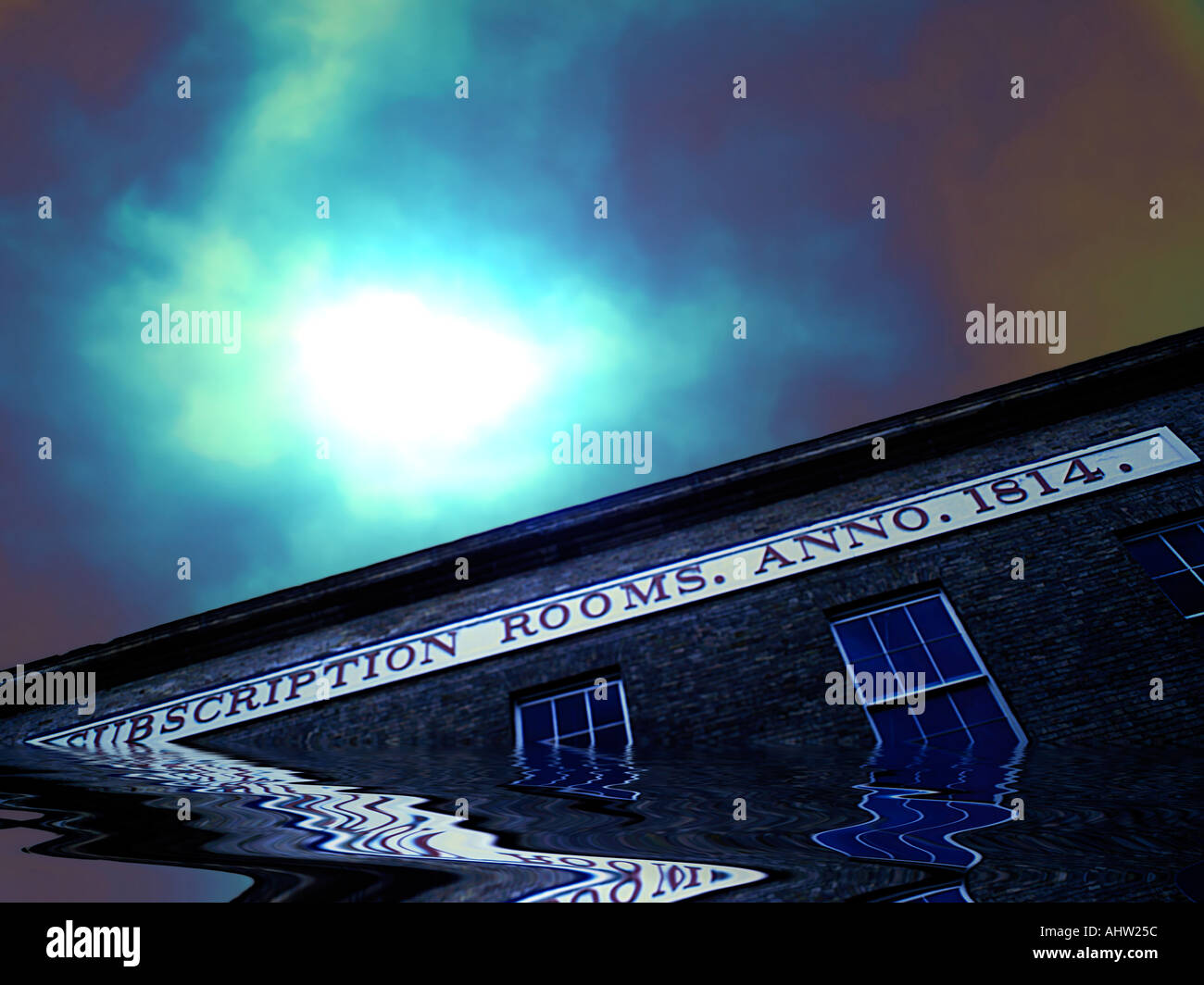 Surreal iconoclastic view of a lettered Victorian Building sinking into ...