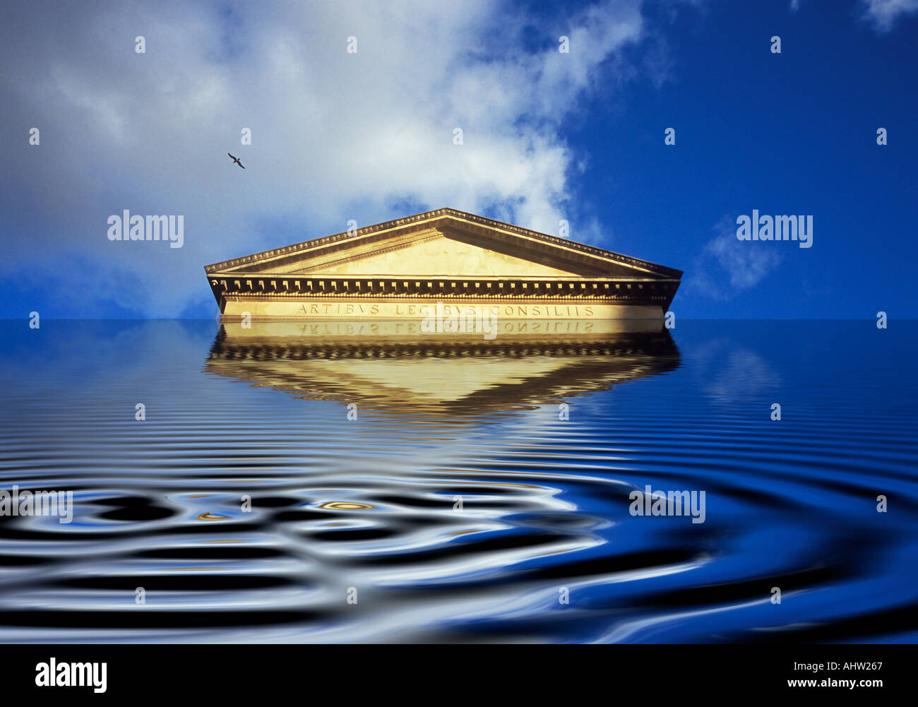Classical building sinking beneath sea water composite Stock Photo - Alamy