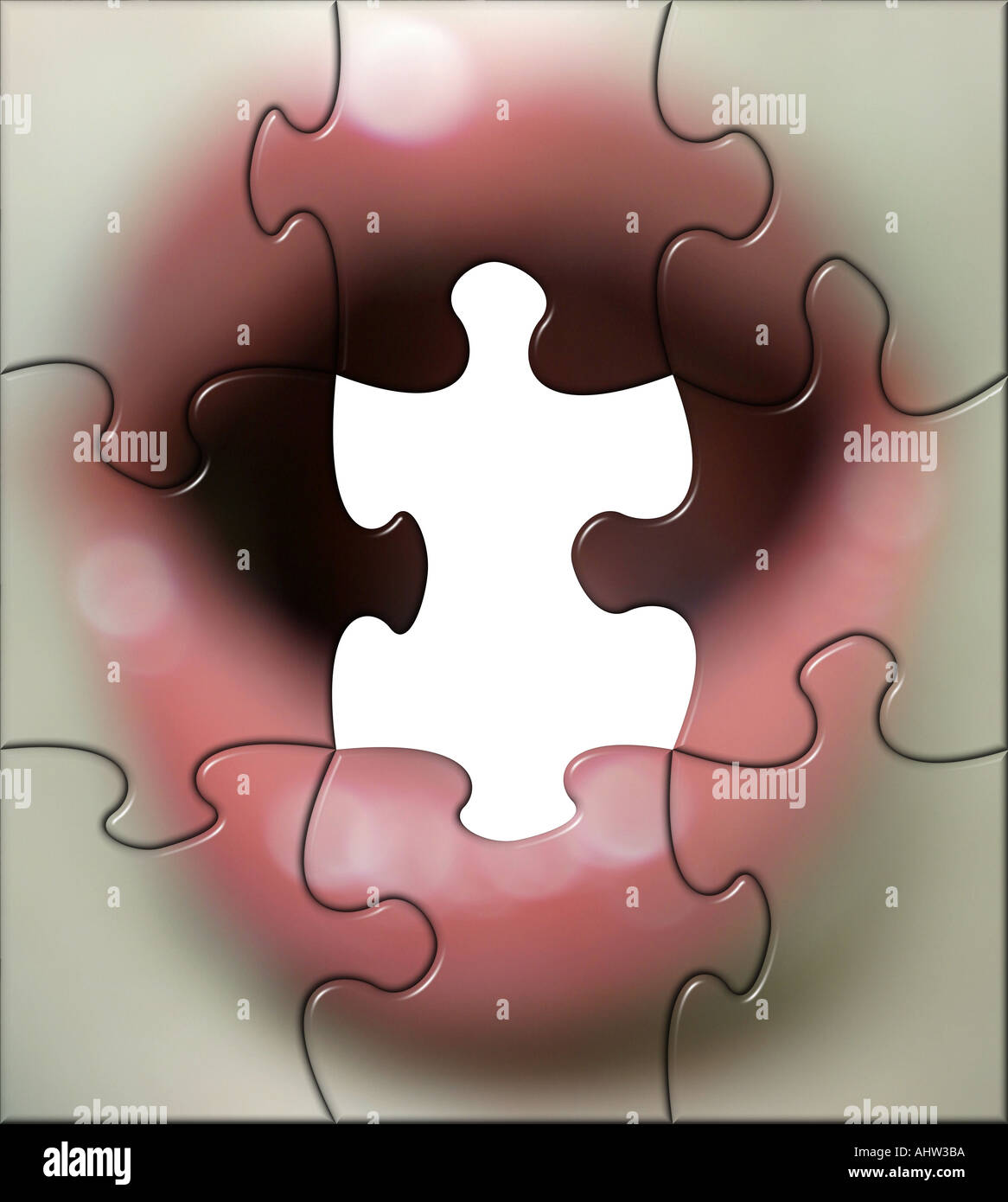 Young woman with open mouth with jigsaw effect and missing piece Stock ...