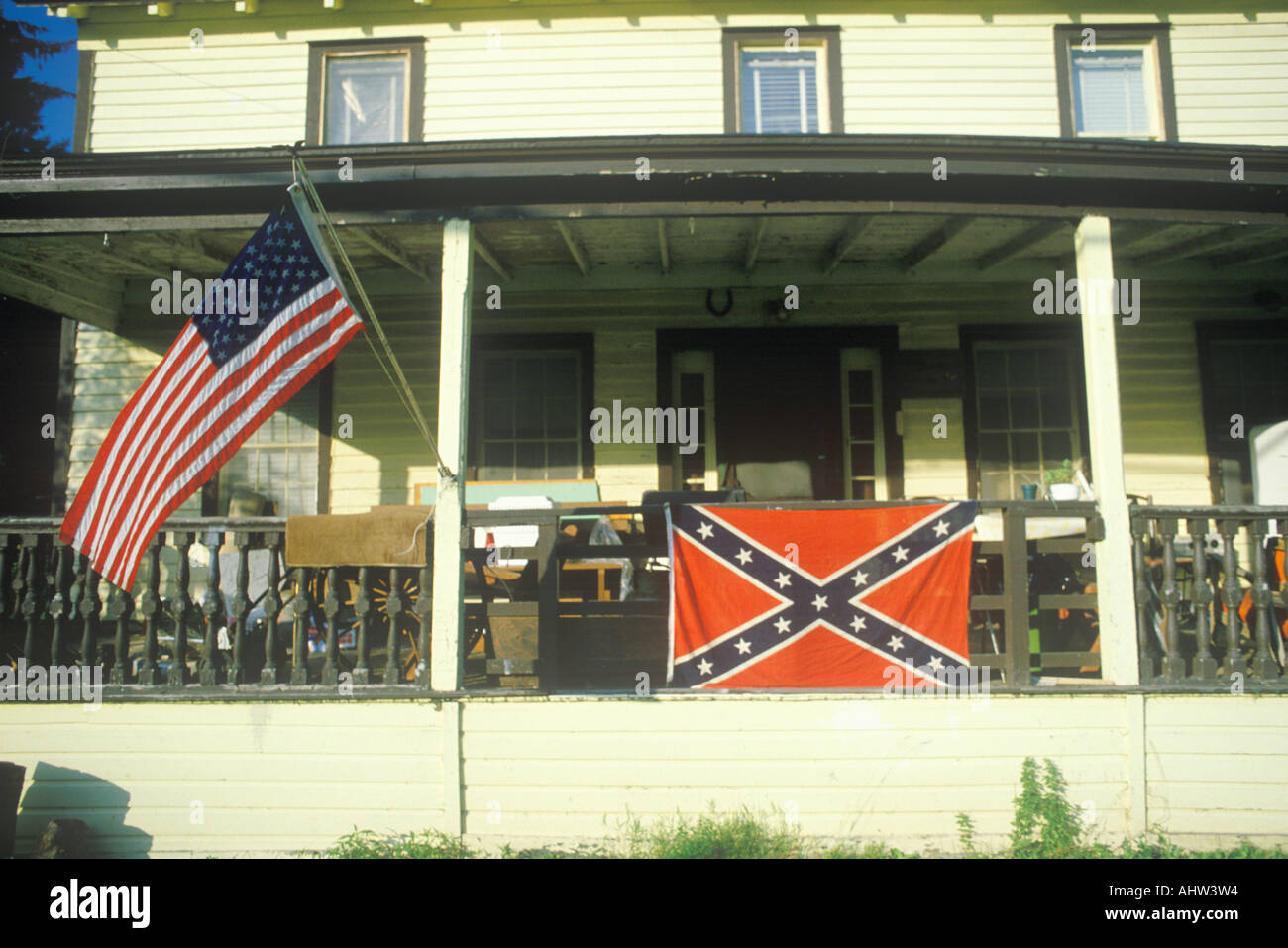American and Confederate Flags Hung On House Catskills New York Stock ...