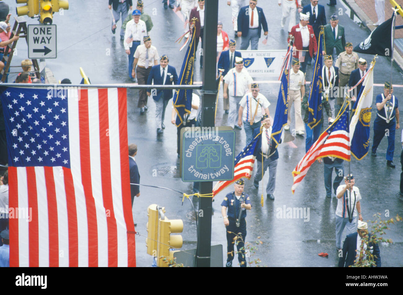 American Flag and Veterans Marching in Parade United States of America ...