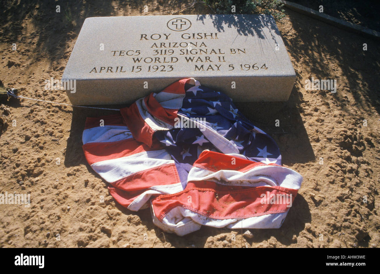 Tombstone and American Flag at the Cemetery Fort Defiance Arizona Stock ...