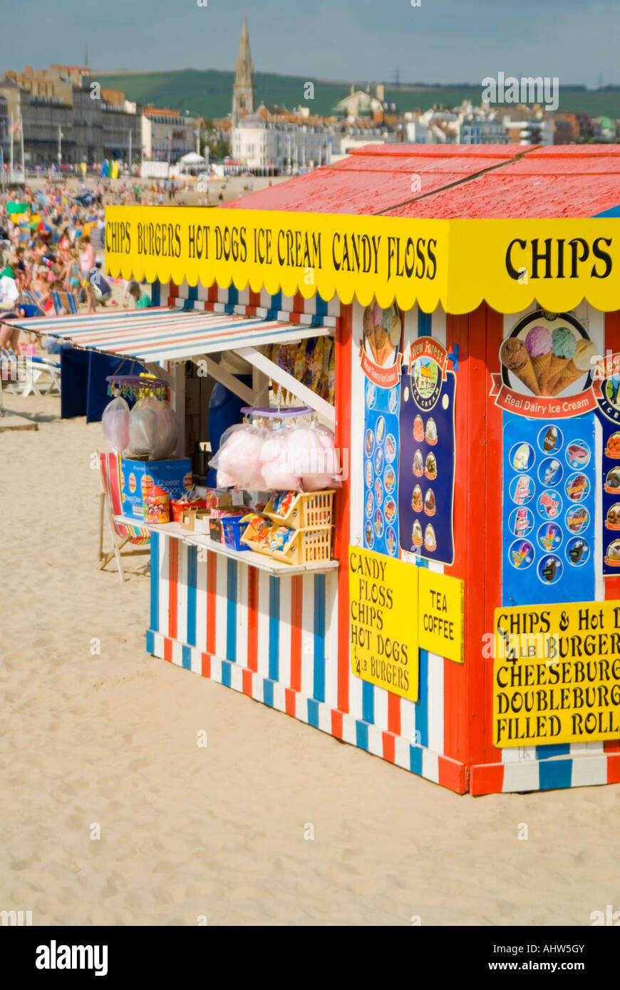 Vertical view of a bright traditional fish and chip fastfood stand on ...