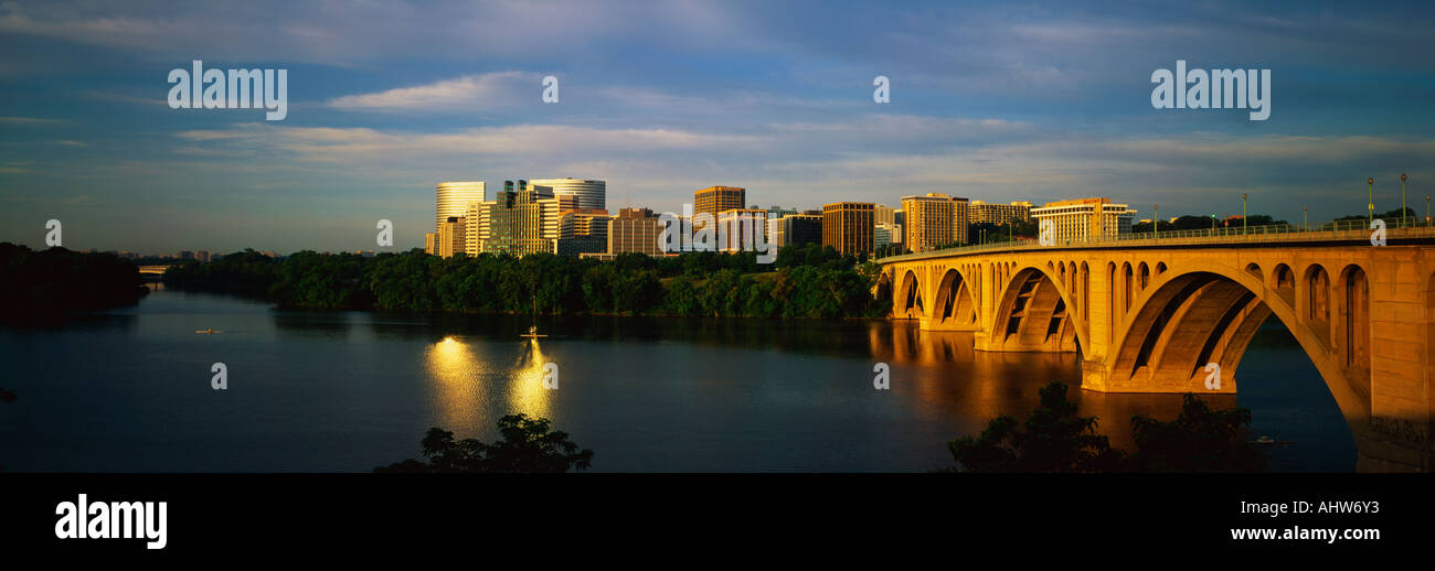 This shows sunrise over the Key Bridge on the Potomac River The skyline ...