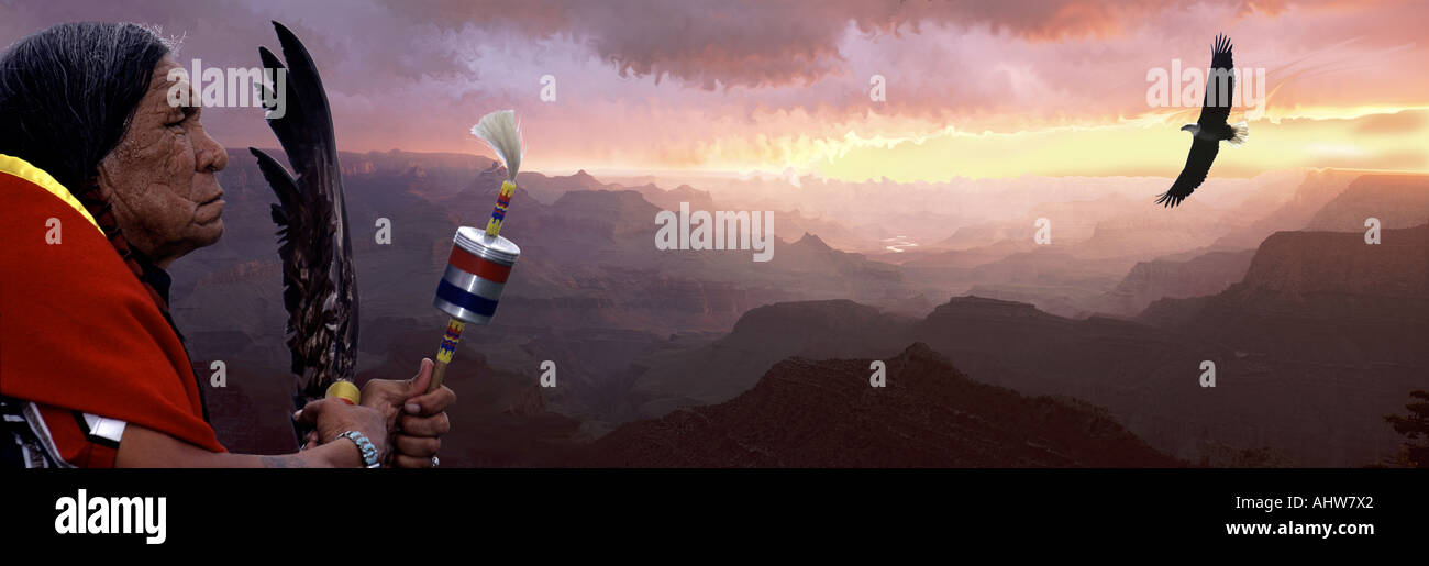 This is a digital collage of a Native American Indian looking out over ...