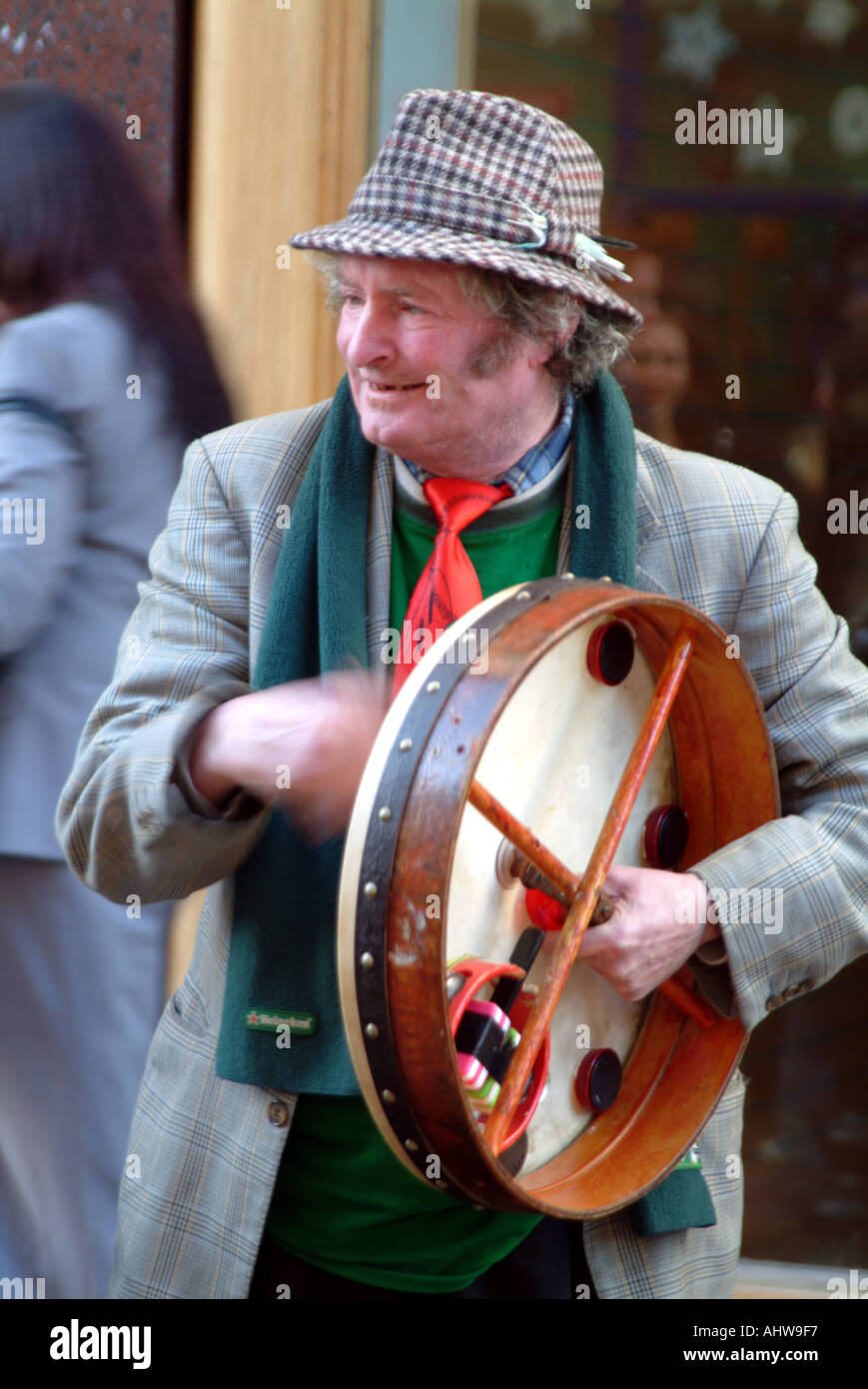 Busker playing drum on Grafton Street Dublin city centre Ireland EU ...