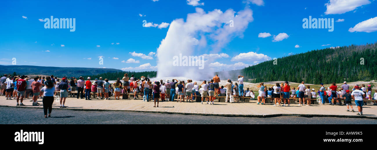 This is the famous Old Faithful Geyser The geyser is erupting in front ...