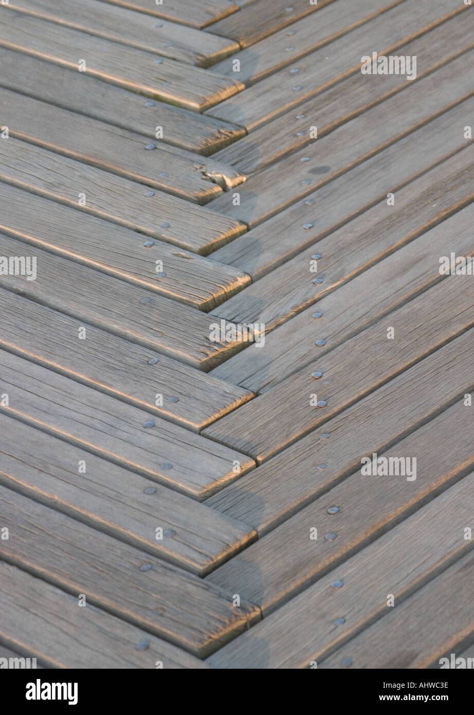 closeup pattern of weathered wooden boardwalk boards and nails with ...