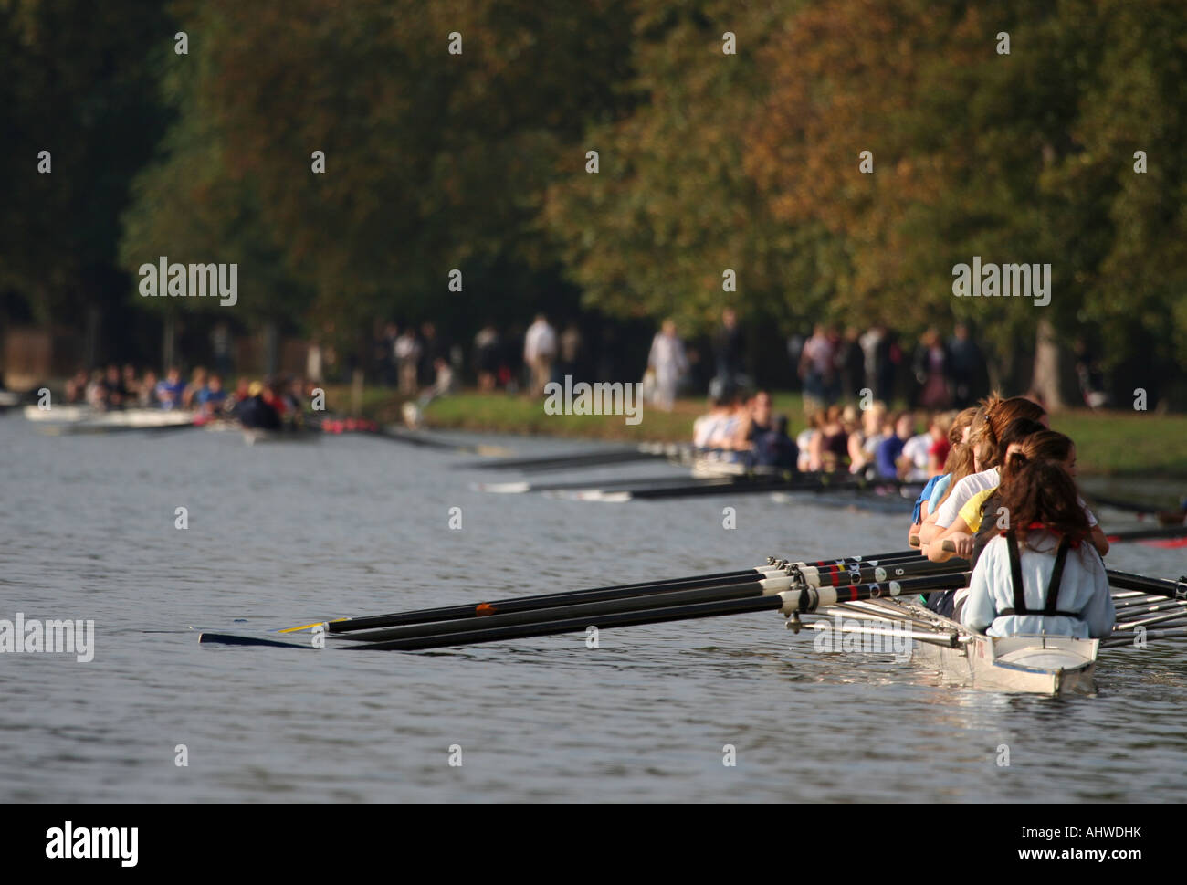 Oxford University rowing practice on the River Thames (Isis) in Oxford ...