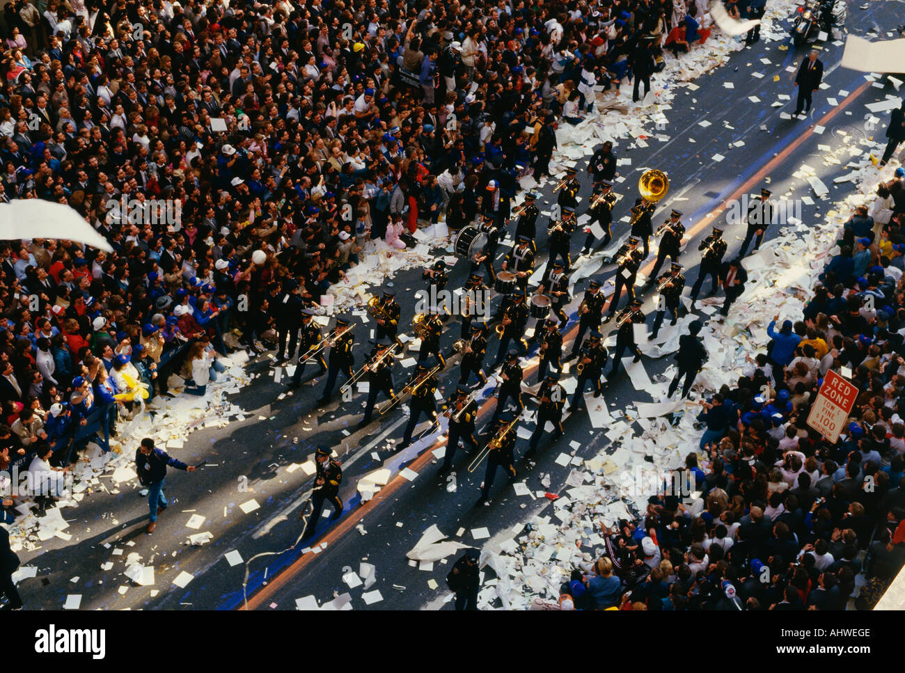 This is a marching band in a Ticker Tape Parade on Broadway and Wall ...