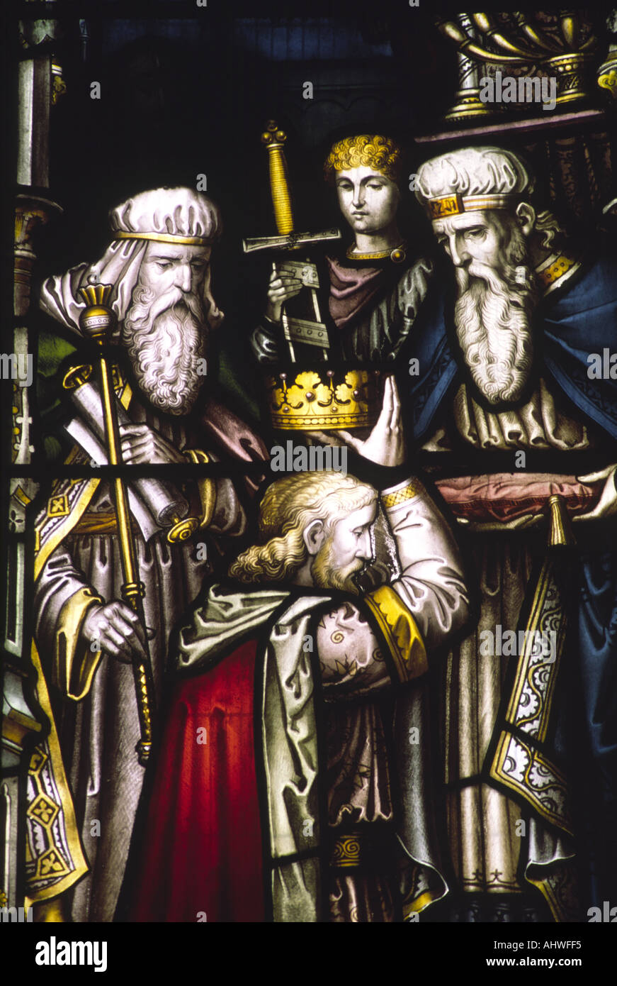 Stained glass window showing the crowning of King David in All Saints ...