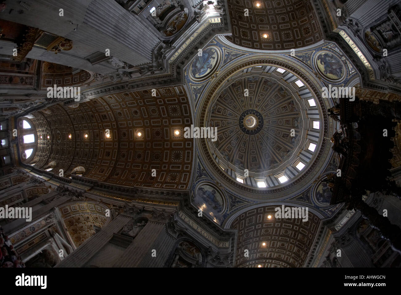 Looking up at the inside of the dome and ceiling of St Peters Cathedral ...
