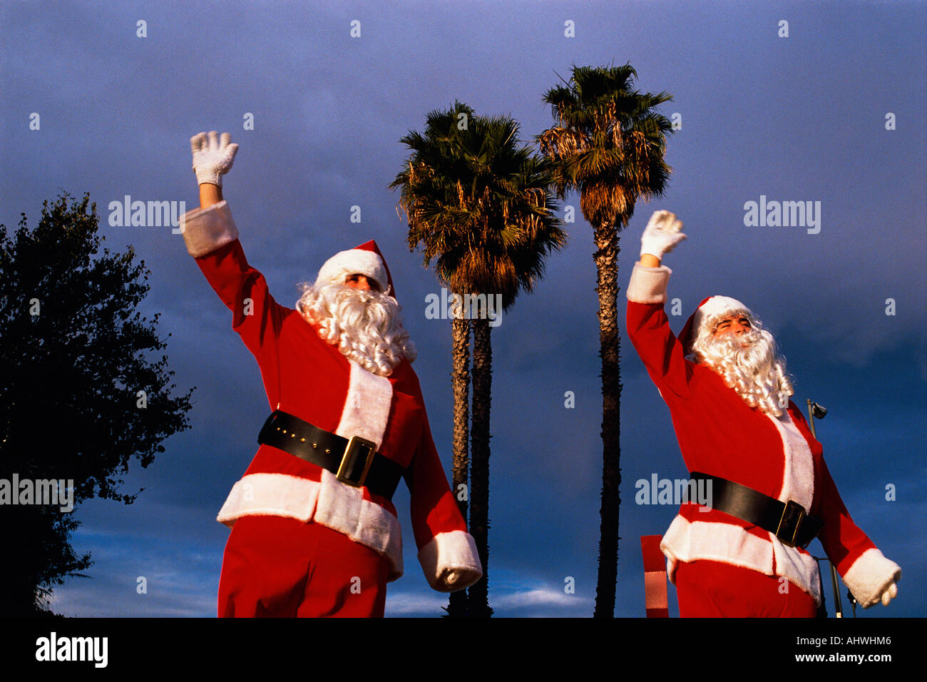 These are two people dressed as Santa next to palm trees It shows that ...