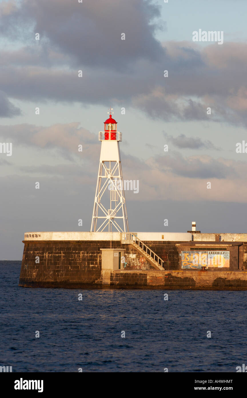 Lighthouse on the outer harbour wall, Horta, Faial island, The Azores ...