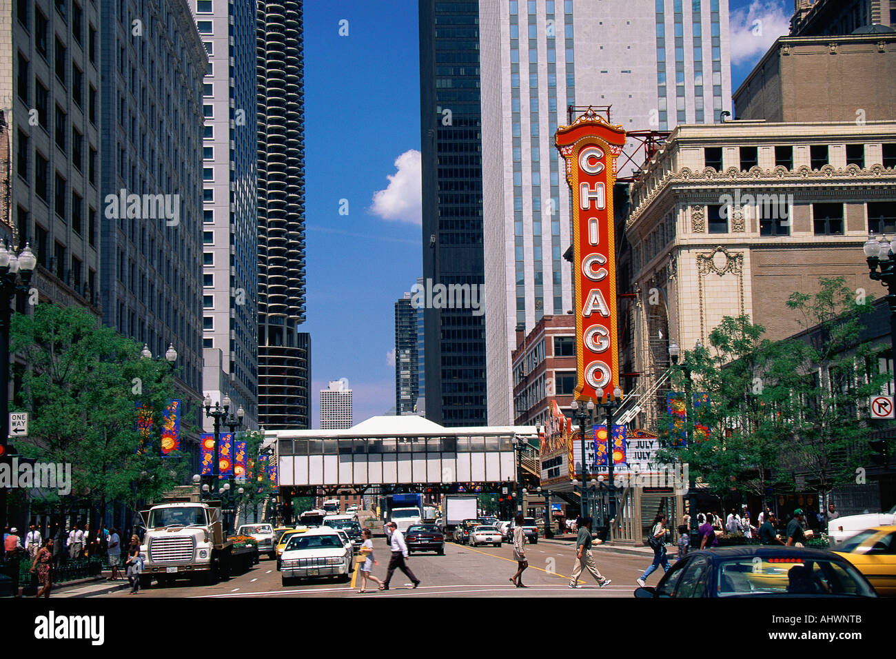 Downtown Chicago with theater sign Stock Photo - Alamy